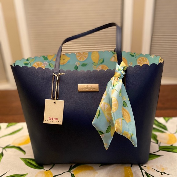 Trina Turk | Bags | Trina Turk Reversible Navy Lemon Tote | Poshmark